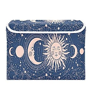 Krafig Boho Gold Sun Moon Stars Foldable Storage Box Large Cube Organizer Bins Containers Baskets with Lids Handles for Closet Organization, Shelves, Clothes, Toys