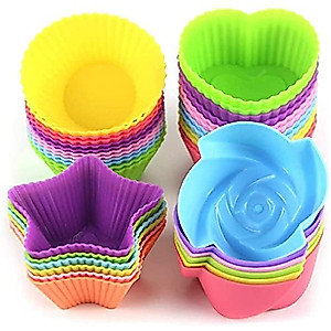 LetGoShop Silicone Cupcake Liners Reusable Baking Cups Nonstick Easy Clean Pastry Muffin Molds 4 Shapes Round, Stars, Heart, Flowers, 24 Pieces Colorful