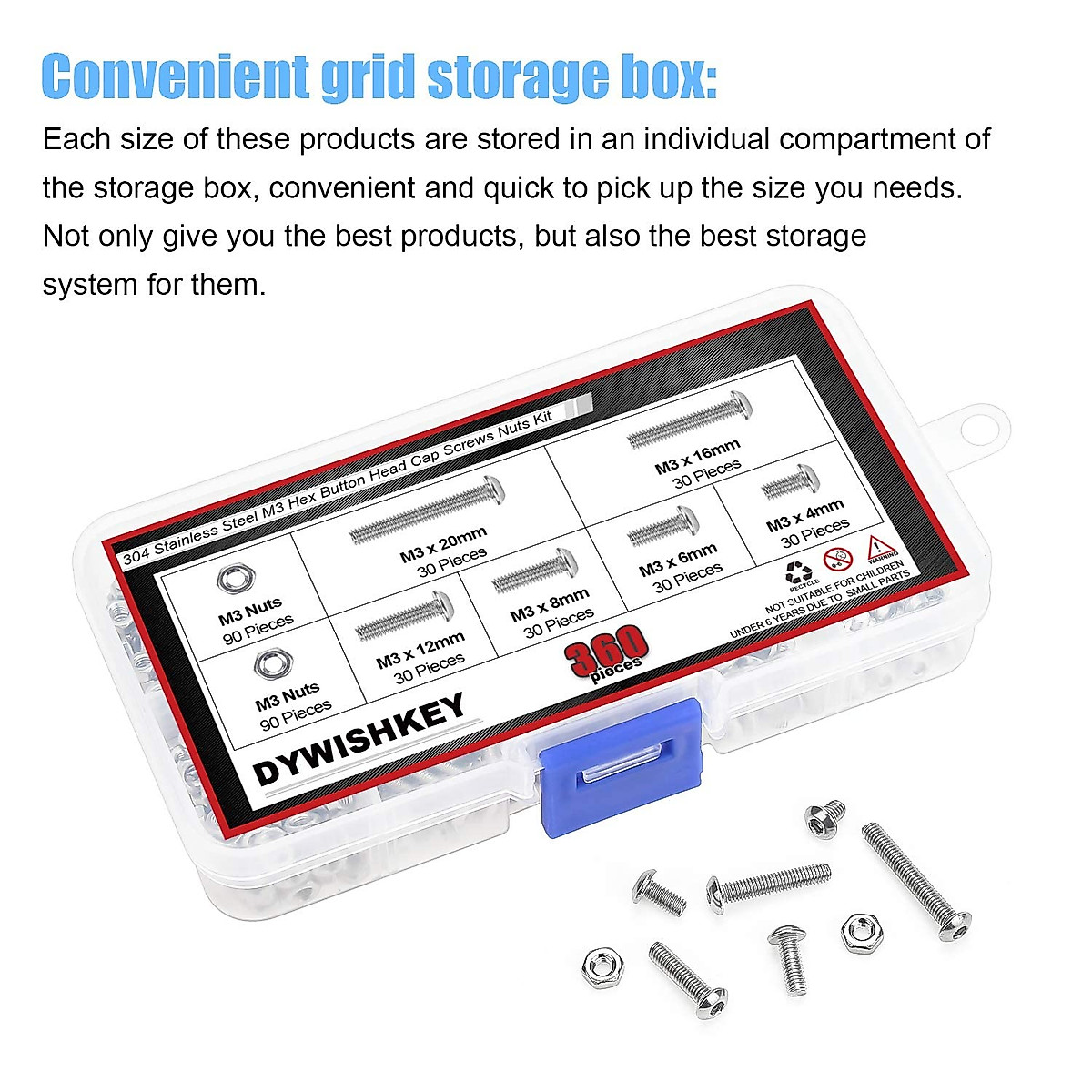 DYWISHKEY 360 Pieces M3 x 4mm/6mm/8mm/12mm/16mm/20mm Stainless Steel 304 Hex Button Head Cap Bolts Screws and Nuts Kit
