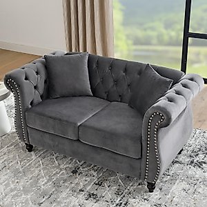 Sybrioka Velvet Loveseat Sofa Couches for Living Room,58" Small Love Seat 2 Seater Couch with Buttons Tufted, Gray Modern Chesterfield Upholstered Sofa Metal Legs, (Gray, 2 Seater)