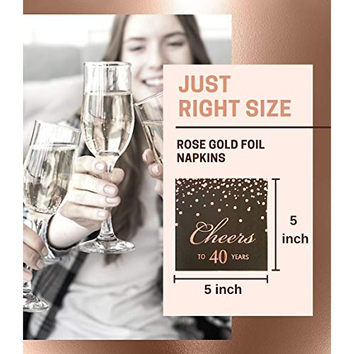 Rose Gold Foil Cocktail Napkins with Cheer 40 Years | Folded 5 x 5 Inches Disposable Party Napkins | 3-Ply Paper Beverage Napkins for 40th Birthday Decorations, Wedding Anniversary, Retirement, Black