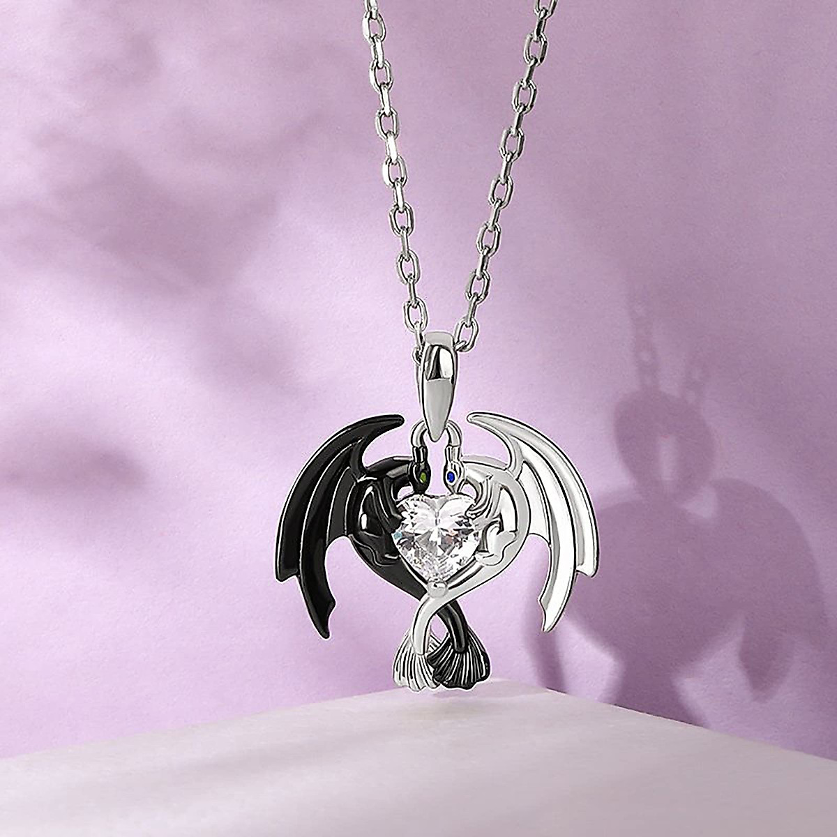 Jeulia Dragon Necklace Sterling Silver: Heart Cut Couple Pendant Necklace Diamond Jewelry for Women Christmas Charm Gift with Box (White)