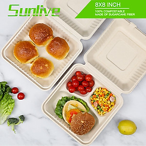 Sunlive 100% Home Compostable 50 Pack Disposable Clamshell Take Out Food Containers, 8X8'' 1-Compartment to go Containers, Heavy-Duty to go Boxes, Eco-Friendly Biodegradable, Made of Sugarcane Fibers
