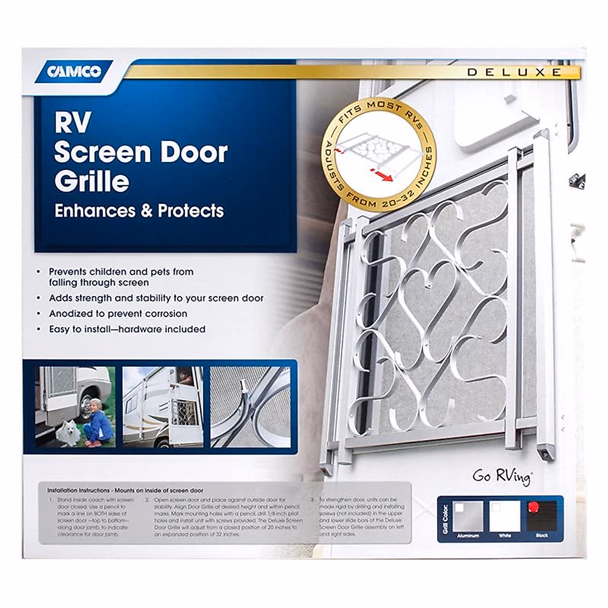 Camco Deluxe Aluminum RV Screen Door Grille | Adds a Sturdy Feel to the RV Door | Adjusts from 20-inches to 32-inches Wide | (43991)