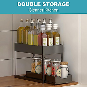 Jianyana Under Sink Storage and Organizer, Black Under Bathroom Cabinet Organizer with Hooks Hanging Cup Slide Drawers,2-tier Multi-purpose Large Capacity Kitchen Storage Shelf