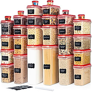 LARGEST Set of 60Pc Airtight Food Storage Containers (30 Container Set) Airtight Plastic Dry Food Space Saver Organizer, One Lid Fits All -Stackable Freezer Refrigerator kitchen Storage Containers RED