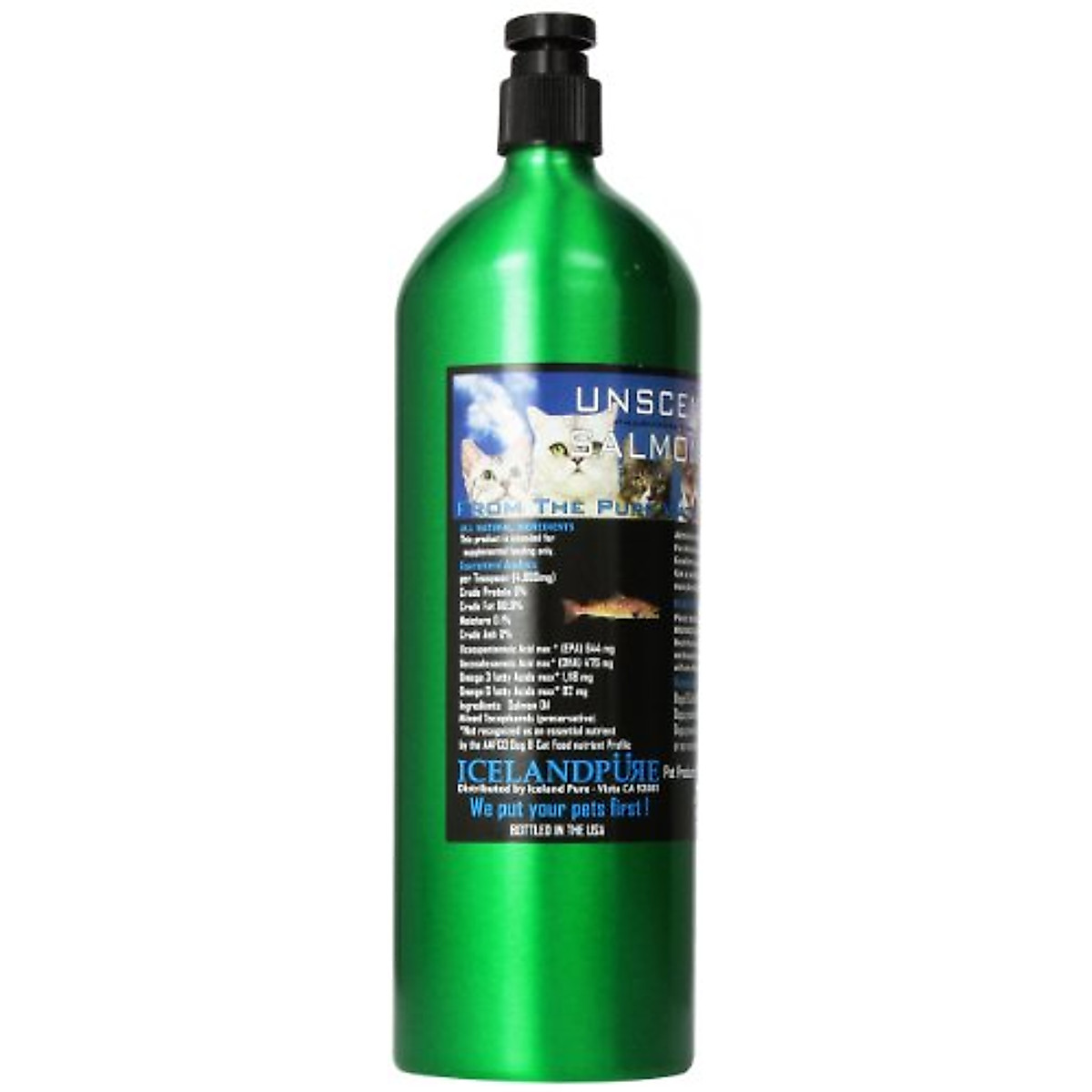 Iceland Pure Unscented Pharmaceutical Grade Salmon Oil - Pure Omega 3, Liquid Food Supplement For Dogs and Cats - BPA-Free Brushed Aluminum Epoxy coated Bottle with Pump 33oz (Pack of 1)