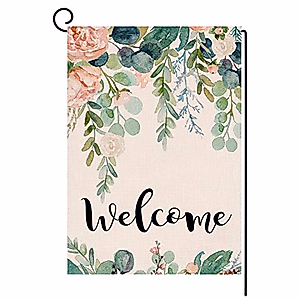 Spring Floral Welcome Garden Flag 12×18 Inch Small Vertical Double Sided Farmhouse Greenery Eucalyptus Leaves Burlap Yard Outdoor Decor