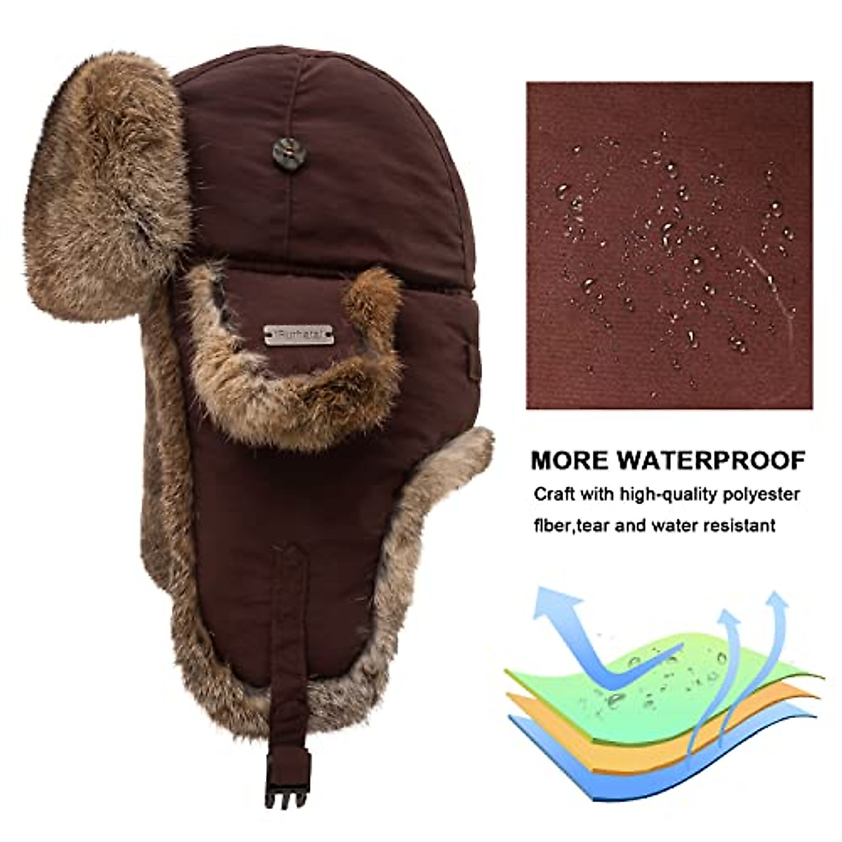 Winter Trapper Hat for Men Women Russian Fur Winter Ushanka Hat Men Aviator Bomber Hat with 100% Rabbit Fur Mens Trapper Hat Brown