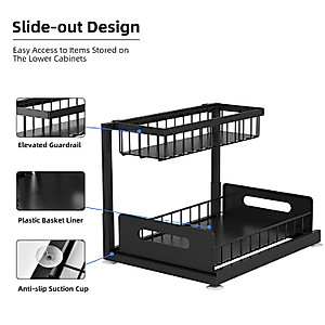 Lxmons 2-Tier Under Sink Slide Out Organizer, 2 Pack Pull Out Cabinet Storage Shelf with Sliding Storage Wire Basket Drawer for Bathroom Kitchen, Countertop or Pantry Storage shelf, Black