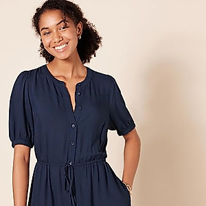 Amazon Essentials Women's Relaxed Fit Half-Sleeve Waisted Midi A-Line Dress, Navy, Large