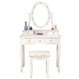 IMGDD Vanity Desk with Mirror and Lights with Light Bulb，Single Mirror Makeup Vanity 5 Drawer Dressing Table,Vanity Mirror with Lights Desk and Chair Makeup Desk White