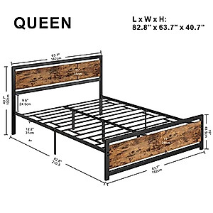 LIKIMIO Industrial Queen Bed Frame with Headboard and Footboard, Strong 4 U-Shaped Support & 2 Independent Support Rods & 9 Legs, Noise-Free, No Box Spring Needed