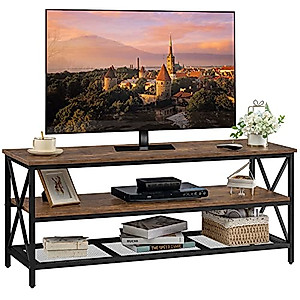 WEENFON Wood TV Stand for 55 Inch TV, 47 Inch Metal TV Table with Adjustable Leg, Unique Rustic Storage Shelve for Living Room, 3-Tiers TV Console for Bedroom, Rustic Brown