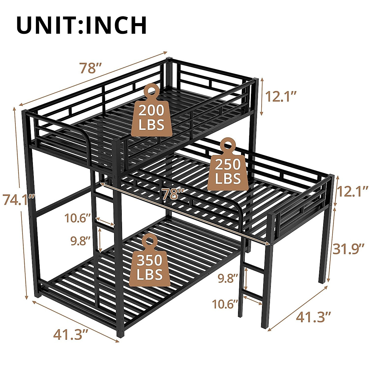 INCLAKE Metal Triple Bunk Bed, L-Shaped Bunk Bed for 3, Twin Size Bunk Bed Frame with Full-Length Guardrails & Long & Short Ladders, Space Saving Bunk Bed for Children, No Box Spring Needed, Black