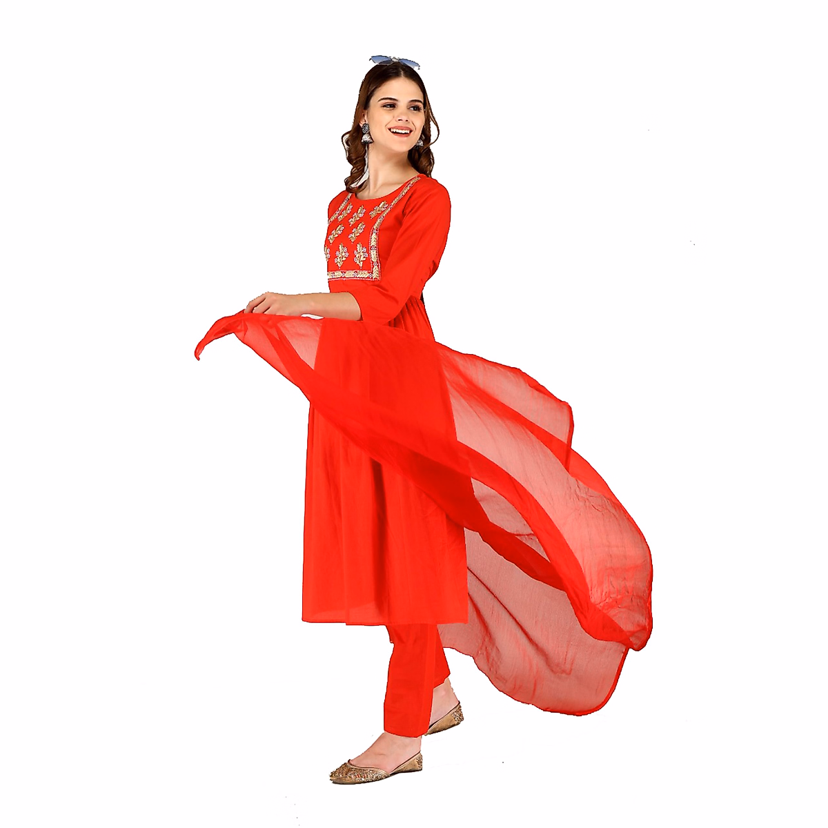 MAHICH WOMEN'S Rayon Anarkali Kurti, Plazzo with Dupatta Set (L) Red