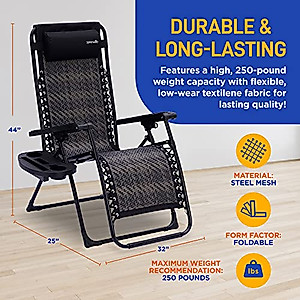 SereneLife Foldable Outdoor Zero Gravity Lawn Chair, Adjustable Rattan Recliners, w/Removable Padded Headrest Pillows and Cup Holder Side Tables, Set of 2, One Size