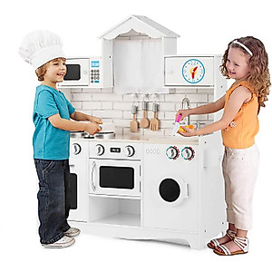 OLAKIDS Kids Kitchen Playset, Wooden Pretend Play Toys with Cookware Accessories, Removable Sink, Oven, Microwave, Washing Machine & Cabinets, Toy Kitchen Set for Kids with Realistic Design