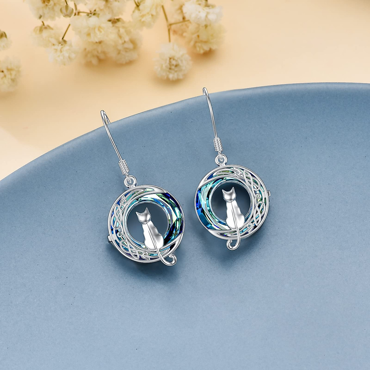 TOUPOP Cat on the Moon Earrings Cat Lovers Gifts for Women Sterling Silver Cat Dangle Drop Earrings with Blue Circle Crystal Cat Lovers Gifts for Women Birthday