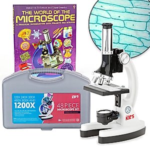AmScope 1200X 48-pcs Kids Student Beginner Microscope Kit with Slides, LED Light, Carrying Box and Book The World of The Microscope