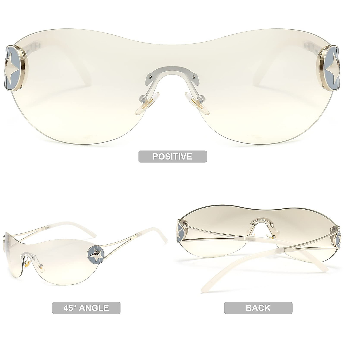 Futuristic Y2K Sunglasses for Women Men,Rimless Sunglasses Fashion Oversized Sun Glasses Shield Wrap Around Sunglasses (Silver/Silver)