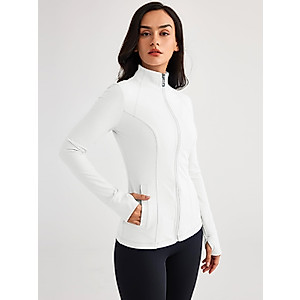 Trendy Queen Womens Lightweight Zip Up Jackets Mock Turtleneck Fall Hoodies Fitted 2024 Athletic Workout Clothes with Pockets White L