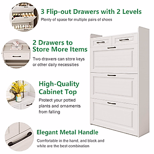 BFFGFFII Shoe Cabinet, Entryway Cabinet Wooden Shoe Rack with 3 Flip Drawers and 2 Drawers, 3-Tier Adjustable Shelves Shoe Cabinet Organizer Freestanding for Entryway Hallway, Living Room(White)