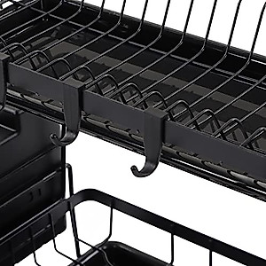 Emoshayoga Dish Drying Rack, 2 Tier Detachable Carbon Steel Black Dish Racks with Drainboard for Kitchen