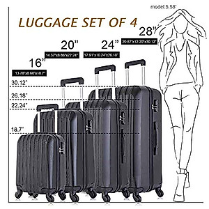 Fridtrip 4 Piece Luggage Sets Hard Shell Lightweight ABS Luggage Suitcase with Durable Spinner Wheels 16" 20" 24" 28" (Black)