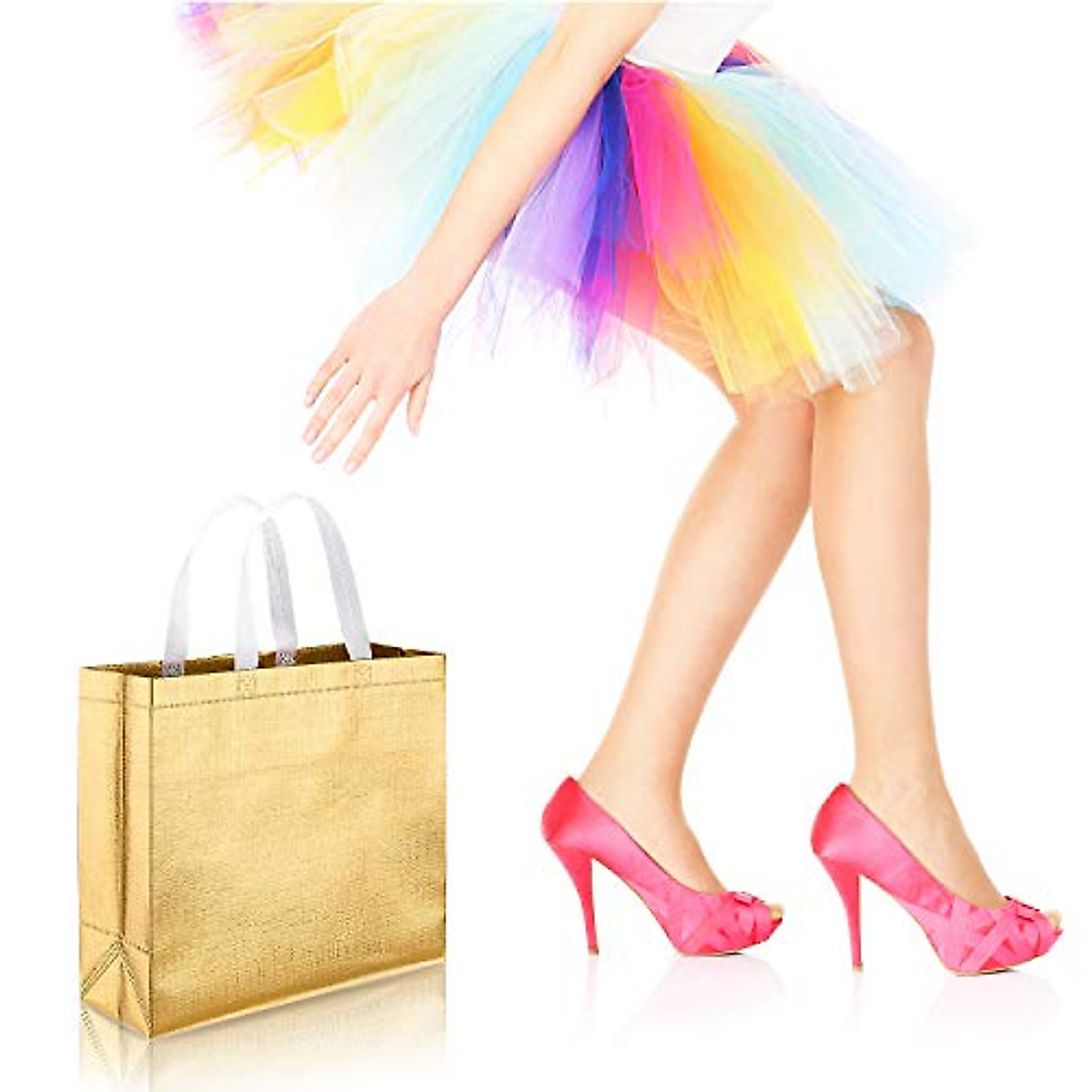 Whaline Set of 12 Reusable Gold Gift Bags Glossy Glitter Tote Bag with Handles Large Size Stylish Party Holidays Favor Bags for Wedding Birthday Party Valentines Mother's Day Christmas