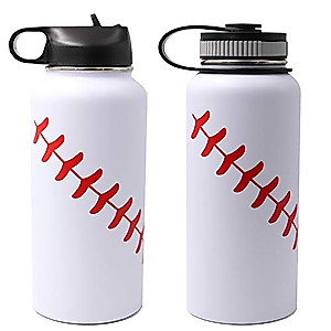 32 oz Baseball Softball Water Bottle, Wide Mouth Sports Flask Metal Travel Tumbler with 2 Lids 18/8 Stainless Steel Double Wall Vacuum Insulated (32oz, White baseball)