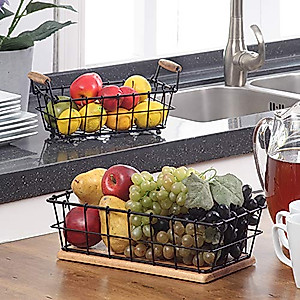 SunnyPoint 2-Tier Rectangle Countertop Fruit, Bread Wire Basket (Black, Metal + Wood base)