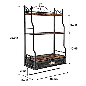 Jautokerdar Wall Mounted Bathroom Shelves with Drawer, 3 Tier Hanging Storage Rack with Foldable Towel Bar, Towel Holder Floating Organizer Shelves with Hook