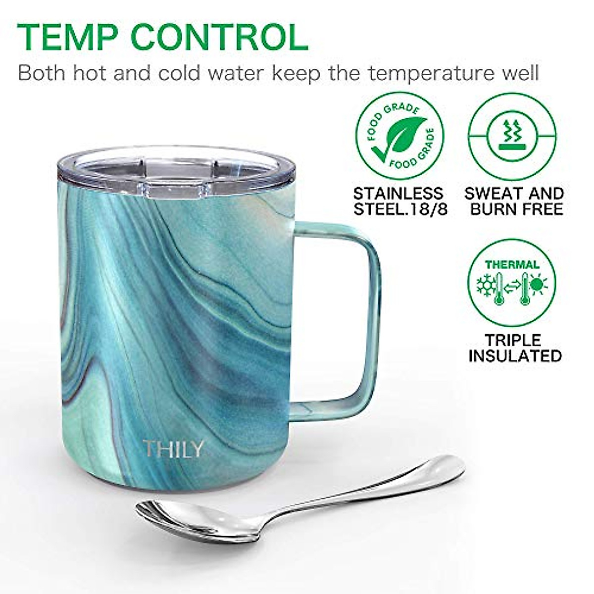 THILY Vacuum Insulated Travel Coffee Mug 12 oz Triple-Insulated Stainless Steel Coffee Cup with Handle, Spill-Proof Lid, Lightweight, Keeps Drinks Hot for Hours, Blue Swirl