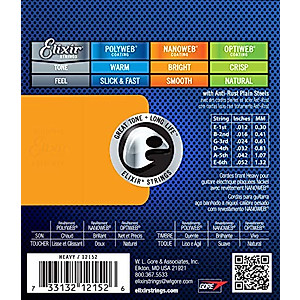 Elixir Strings, Electric Guitar Strings, Nickel Plated Steel with NANOWEB Coating, Longest-Lasting Bright Tone with Comfortable Feel, 6 String Set, Heavy 12-52