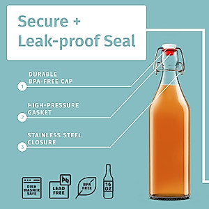 Otis Classic Swing Top Glass Bottles - Set of 6, 16oz w/ Marker & Labels - Clear Bottle with Caps for Juice, Water, Kombucha, Wine, Beer Brewing, Kefir Milk or Eggnog