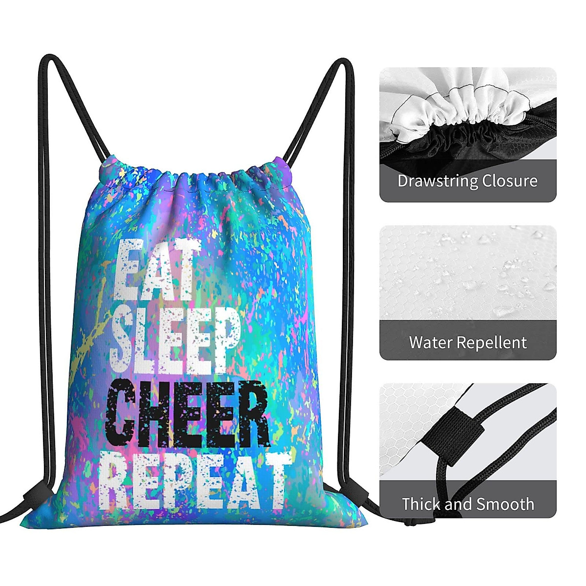 FORATIO Eat Sleep Cheer Repeat Drawstring Backpack Gym String Bag Sports Drawstring Sackpack For Women Men
