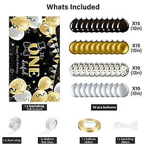 Boys 1st Birthday Decoration Mr. Onederful Birthday Party Supplies 1st Happy Birthday Backdrop Photography Background with Balloons for Baby Toddler Little Man First Birthday Decor (Black and Gold)