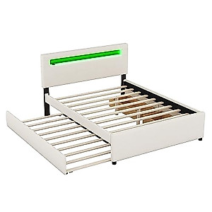 FEELHOME Queen Size Upholstered Platform Bed with 2 Storage Drawers and Twin Trundle, LED Lights and USB Charging, Linen Queen Bed Frame with Headboard and Wood Slat Support,Beige