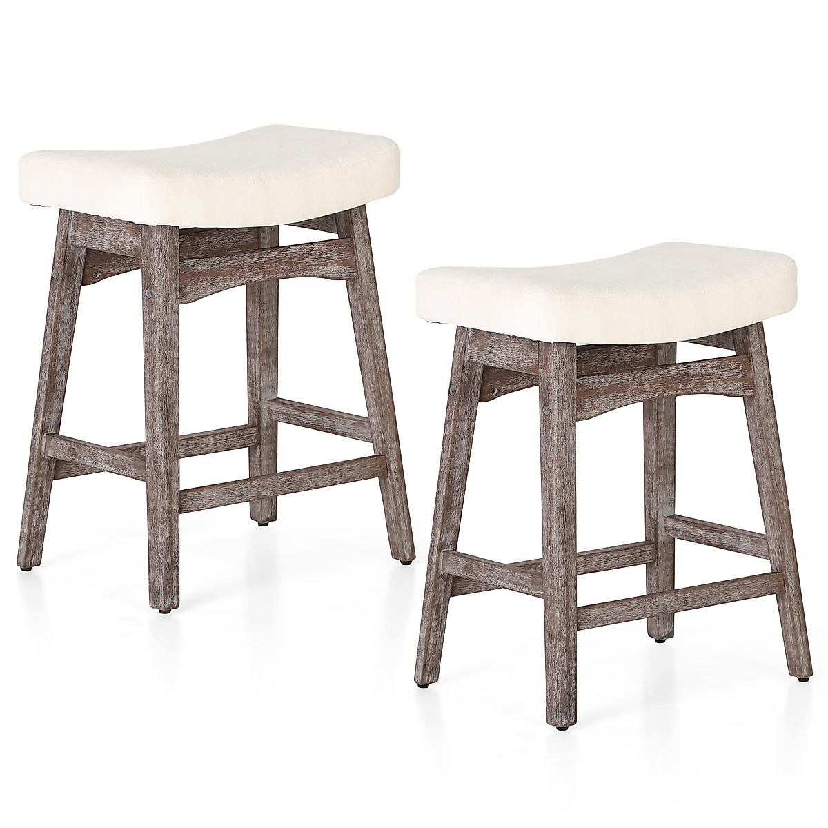 MAISON ARTS Counter Height Bar Stools Set of 2 for Kitchen Counter Solid Wood Legs with Fabric Saddle Seat Farmhouse Barstools for 34"-38" Counter Island Upholstered Stools, 24in, Creamy White