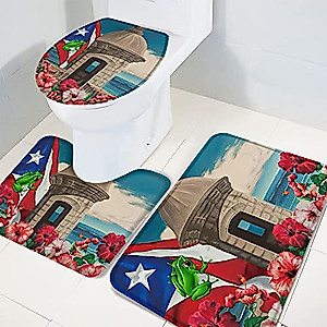 Miss Sweetheart Bath Rugs for Bathroom Set 3 Piece-Puerto Rico Flag Frog Ocean Beach,Non-Slip Memory Foam Absorbent Bath Mat Runner Rugs for Tub Shower,U-Shaped Toilet Floor Mats,Toilet Lid Cover