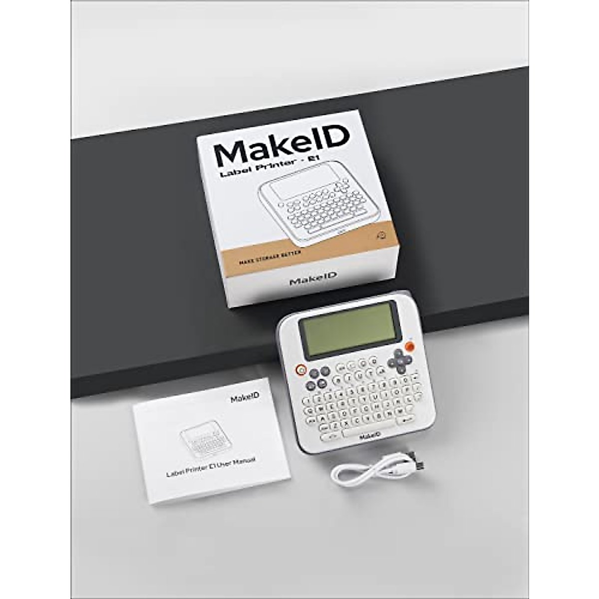 Makeid E1 Label Maker - Bluetooth Compatible Thermal Printer - QWERTY Keyboard Portable Label Maker, 4.42" Large LCD Screen - Prints 9/12/16mm Waterproof Label Tapes - Includes 13.3' Tape, USB Cable