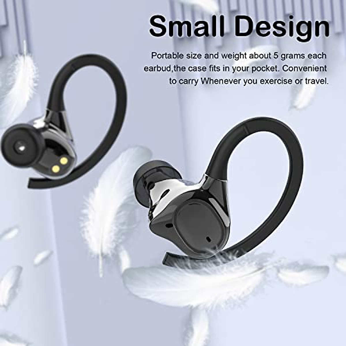 True Wireless Bluetooth Headphones with Over Ear Hooks for Jogging, IPX7 Waterproof Workout Earphones, Built in Mic Stereo Sound Earbuds, 24 Hours Playtime Headsets for Running, Gym, Sports-Black