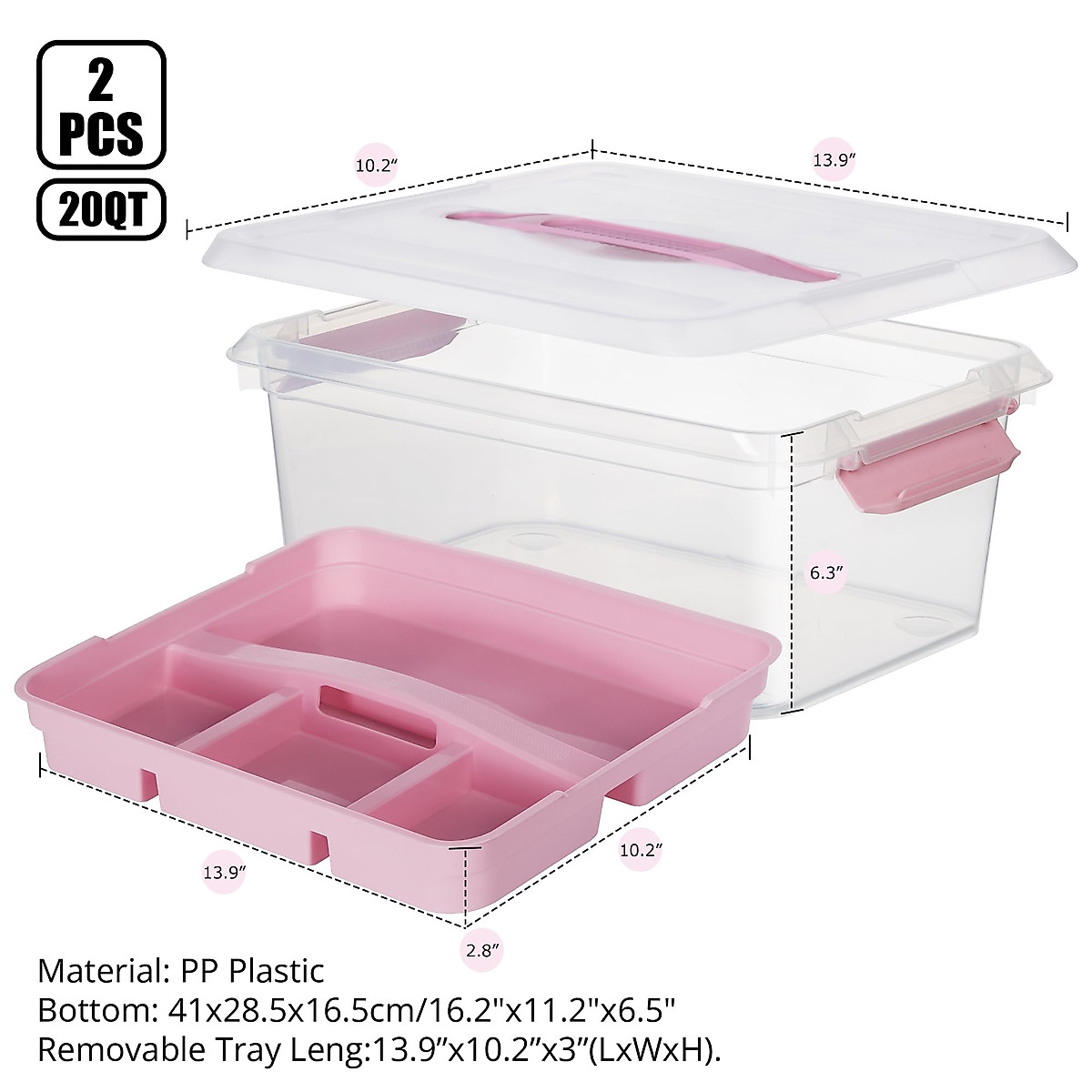 2-Pack Craft Organizers and Storage Boxes, 20 QT Playdoh storage box with Frosted Lid & Removable Tray, Pink Multi-Purpose Organizer for Toys, Crafts, Tools, Bead