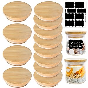 Oui Yogurt Jar Lids-12 pack Oui Lids-Natural Bamboo Wood with Silicone Sealing Rings and Oui Yogurt Bottle Label,For 5 Oz Oui Yogurt Jars