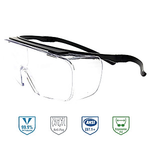 Birsppy Fitover Safety Glasses Goggles for Eye Protection by ElementsActive | Anti-Fog | Fits over Eyeglasses | Adjustable Temple Fit
