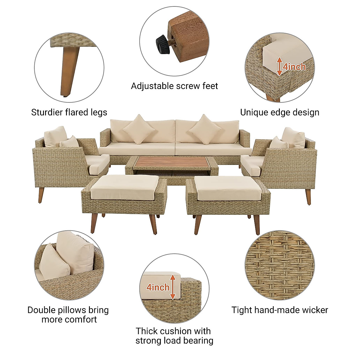 Merax 6-Pieces All Weather PE Wicker Sofa Set, Outdoor Rattan Sofa with Double Cushions, Wood Legs Wood Table Top