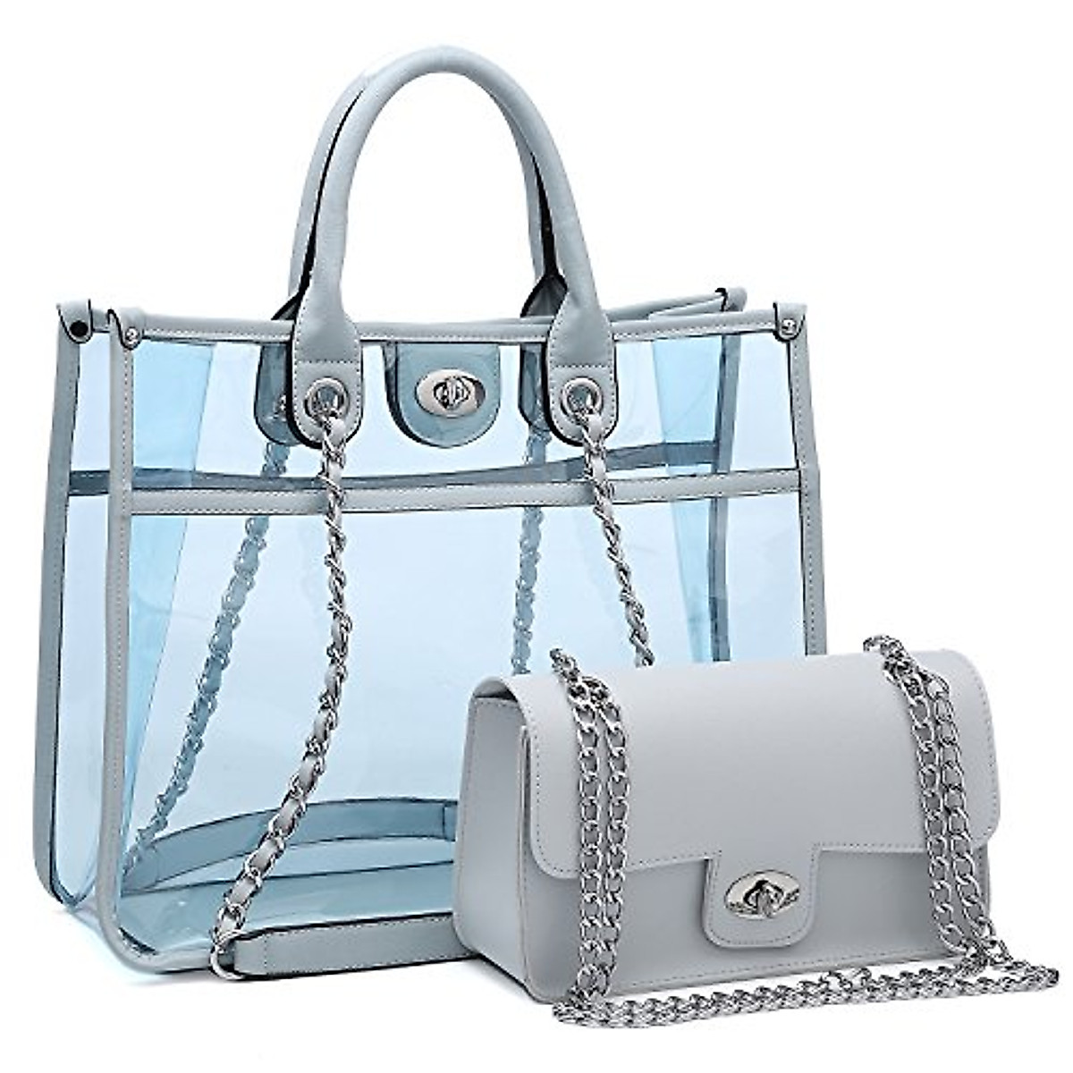 Large Clear Tote Bag PVC Top Handle Shoulder Bag 2 Pieces Set With Turn Lock Closure (Blue)