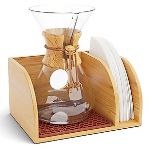 HEXNUB – Caddy for Pour Over Coffee Maker, Bamboo Stand fits Chemex, Bodum, Cosori Coffee Carafes, Heatproof Mat, Filter Holder for Drip Coffee Maker - Brown Mat