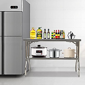 2-Layer Stainless Steel Table Metal Work Table for Kitchen Prep Utility Commercial Worktable Workstation 48 * 24 * 33.5 Inch Folding Commercial Prep Table, Heavy-Duty Stainless Steel Folding Table